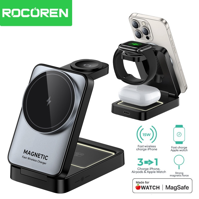 Rocoren 3in1 Magnetic Wireless Charger Stand 15W พับ Led Fast Wireless ...