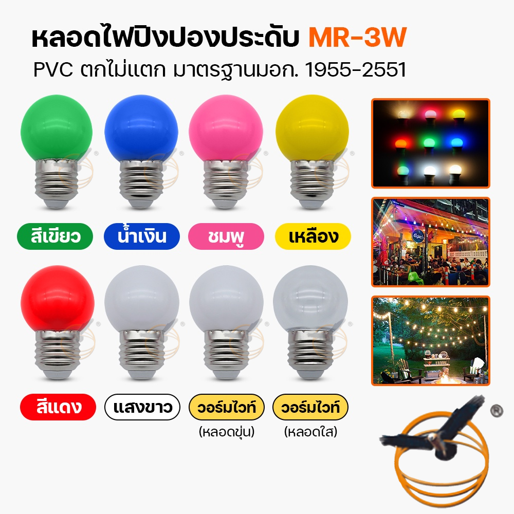 หลอดปิงปอง หลอดไฟสี LED ประดับ คริสต์มาส ปีใหม่ แต่งบ้าน ไฟอีเวนต์ 3W ขั้ว E27 PVC ตกไม่แตก BULB ...