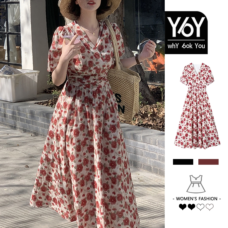 Y6y Temperament Tea Break Retro Floral Puff Sleeve Ladies Dress ...