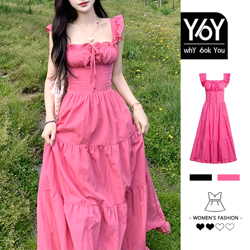 Y6y French Square Neck Rose Pink Small Flying Sleeve Ladies Dress ...