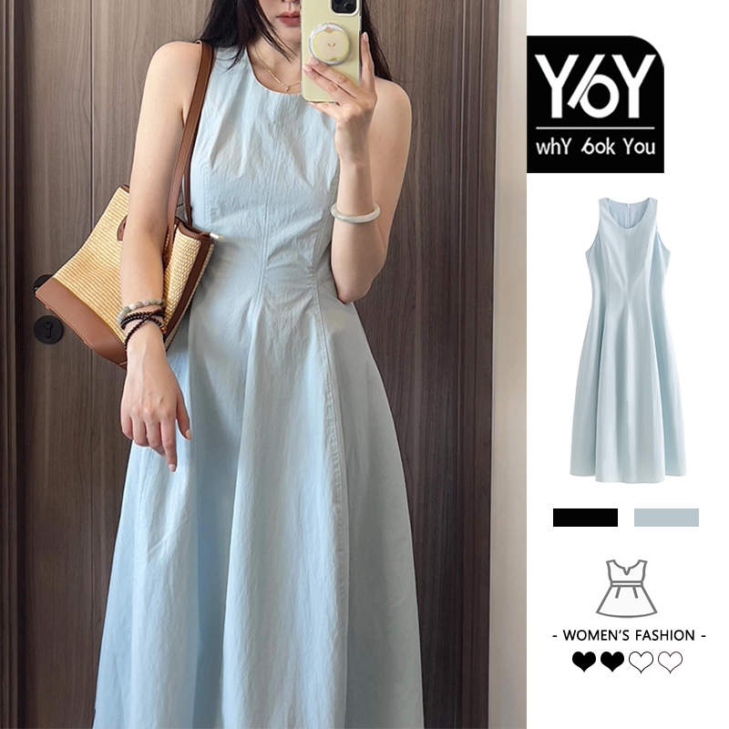 Y6y French Temperament เสื้อกั๊กแขนกุด Blue Sling Ladies Dress C6L43360 ...