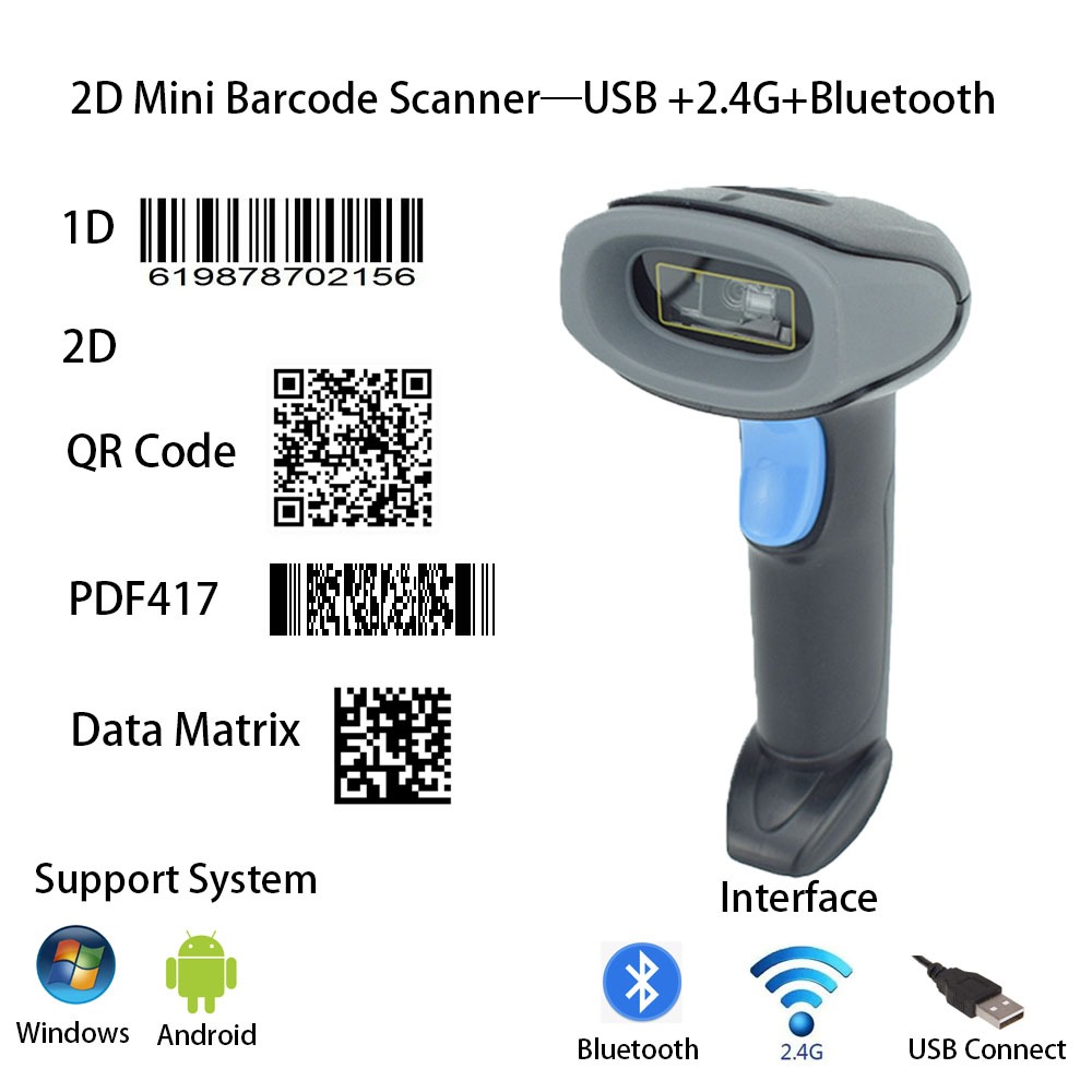 Usb+2.4g Wireless+Bluetooth 1D 2D QR Code Barcode เครื่องสแกนแบบพกพา ...
