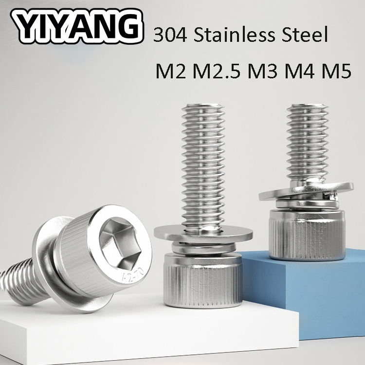 M2 M2.5 M3 M4 M5 304 สแตนเลสหกเหลี่ยม Hex ซ็อกเก็ตหมวกหัว YIYANG สกรูแบนเครื่องซักผ้าสปริงปะเก็น ...