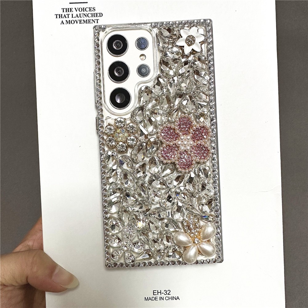 Bling สีชมพูมุกดอกไม้เงินเพชร Glitter สําหรับ Samsung Galaxy S24 Ultra S23 S22 S21 FE S20 Plus ...