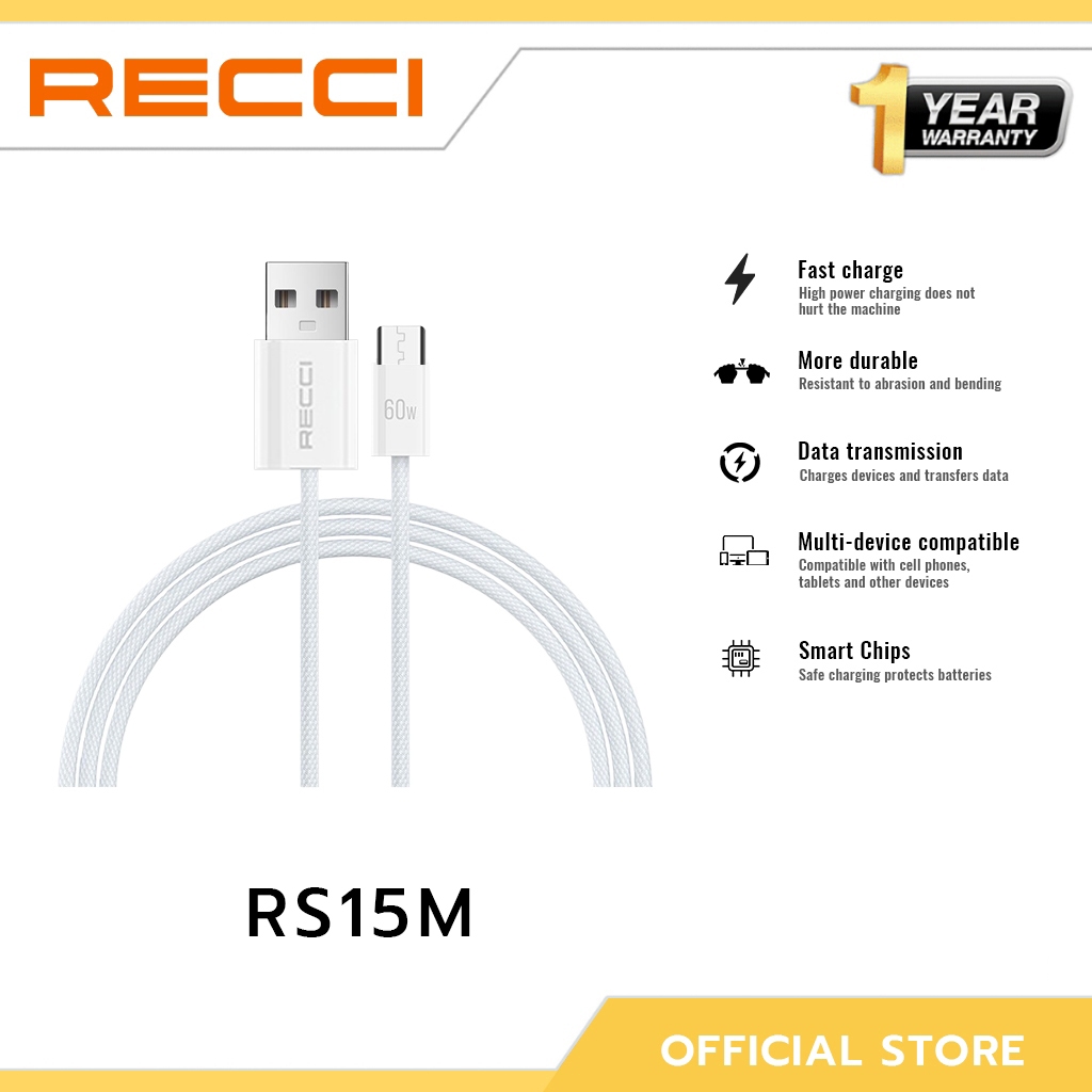 Recci RS15M สายชาร์จ 2.4A-3A สายชาร์จ USB ความยาว 1M 65W Micro สายชาร์จ ...