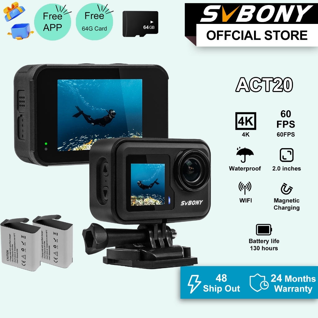Svbony Act20 4K WiFi Action Camera 4X ซูม 20MP 2" หน้าจอสัมผัส Vlog ...