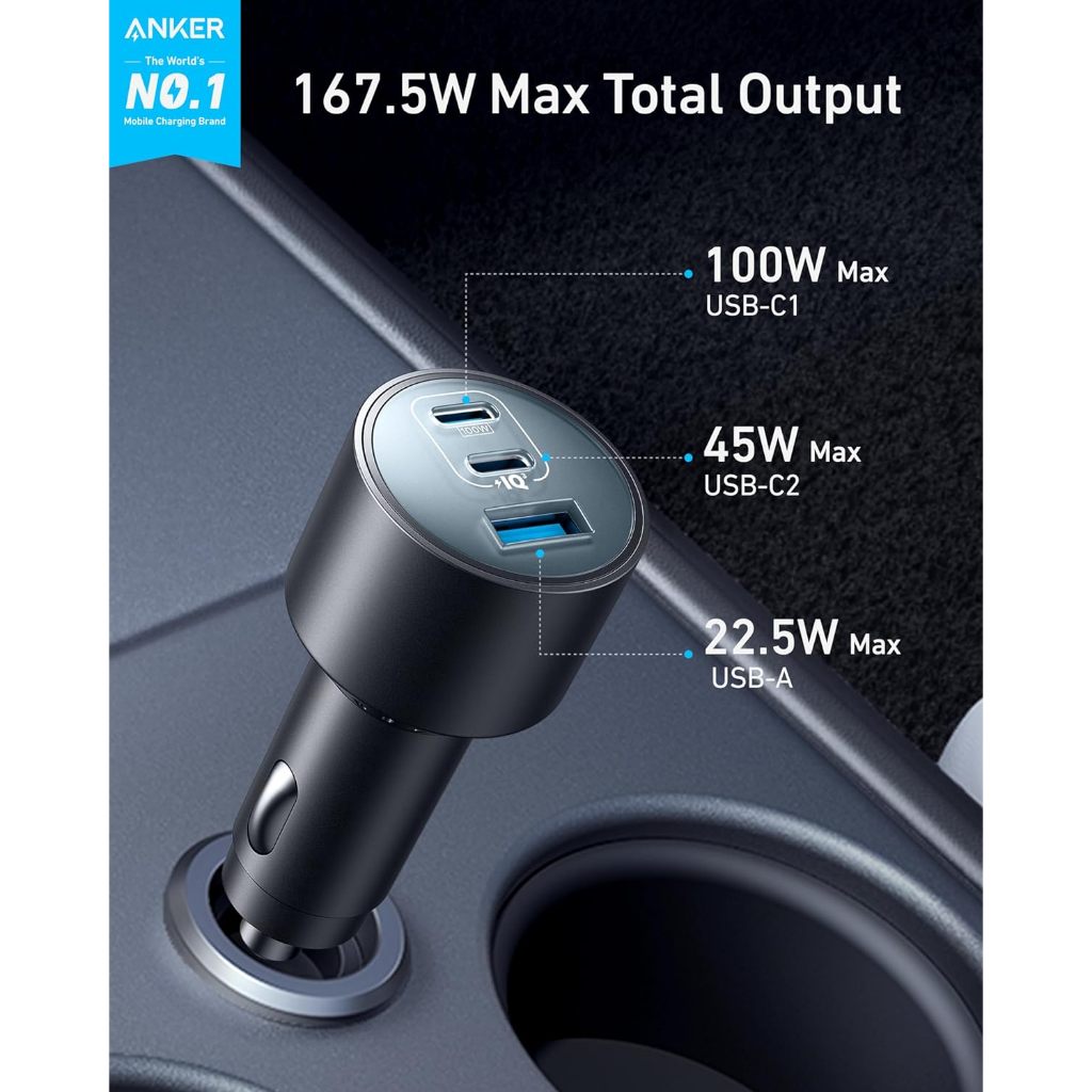 Anker USB-C Car Charger 167.5W Max 3-Port Ultra-Compact Type-C Fast Car ...
