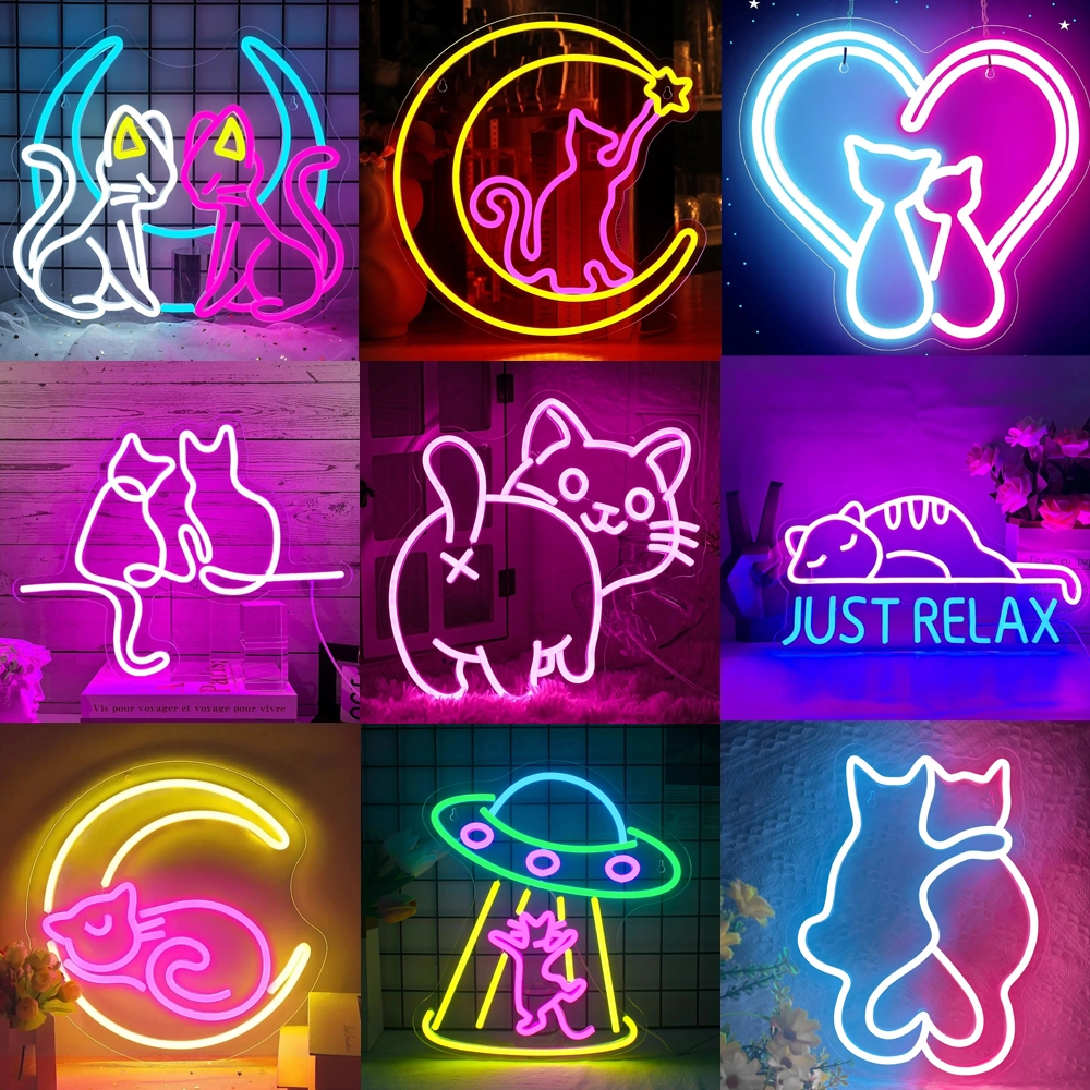 Anime Cat Neon Sign Moon Cat Neon Light Up Signs สําหรับตกแต่งผนัง ...