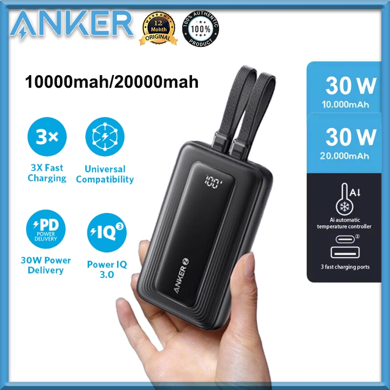 Anker Zolo Power Bank 10,000mAh 20000mAh 30W Max Portable Fast Charger สายคู่ในตัว | Shopee Thailand
