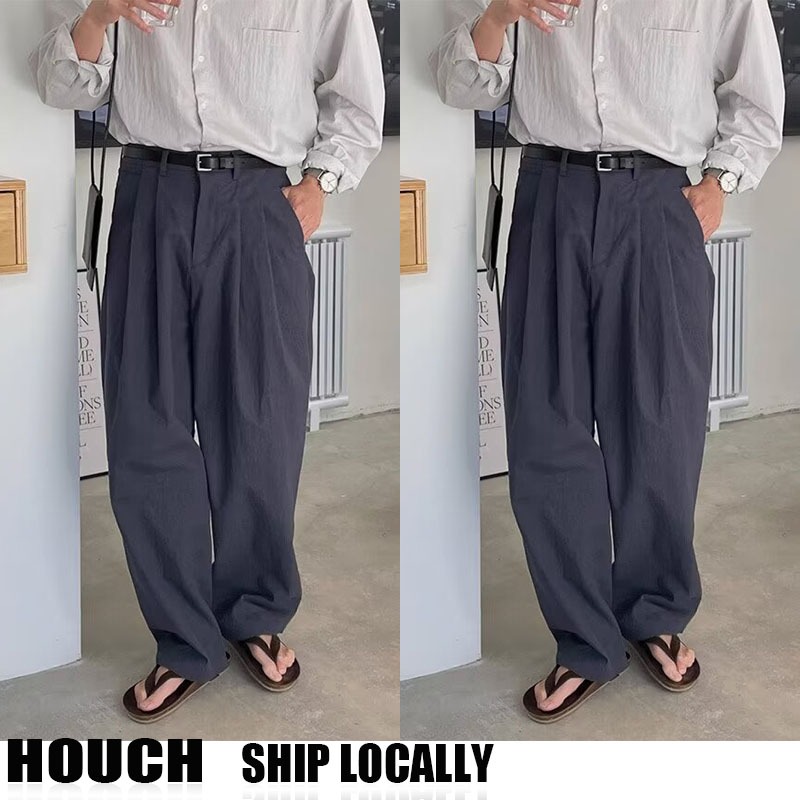 Houch Ready Stock COD กางเกงขายาวสีพื้นขากว้างผ้าลินินสไตล์เกาหลีเอว ...