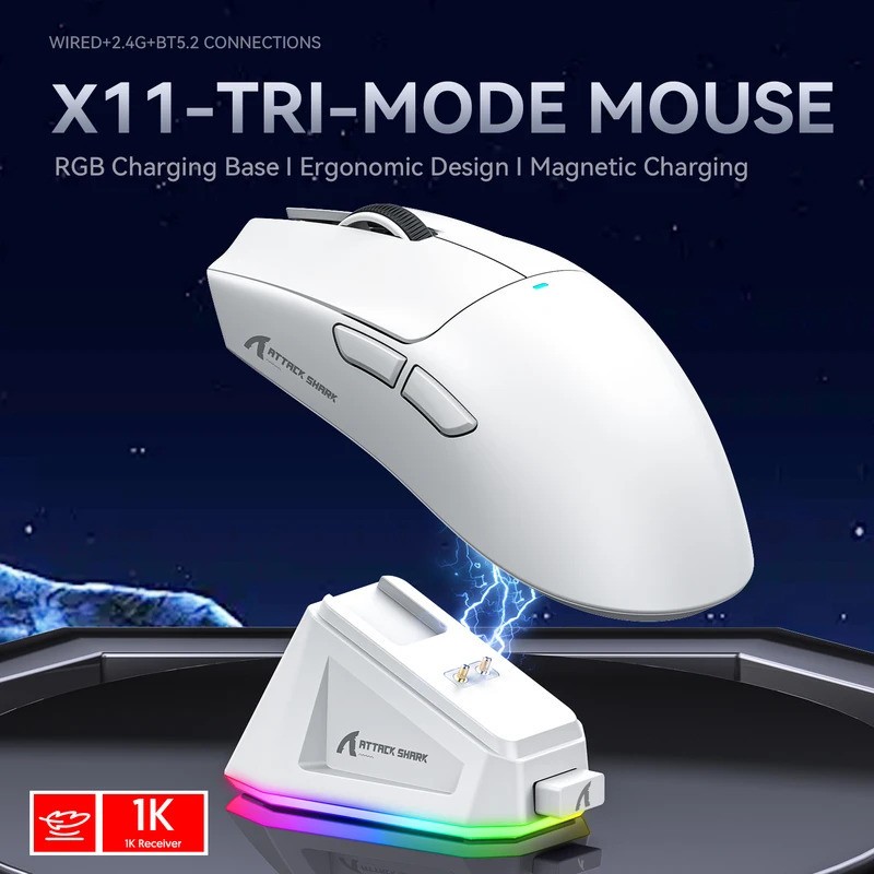 Attack Shark X11 เมาส์ไร้สายบลูทูธสามโหมด 2.4G PAW3311 RGB PC แท่นชาร์จ ...