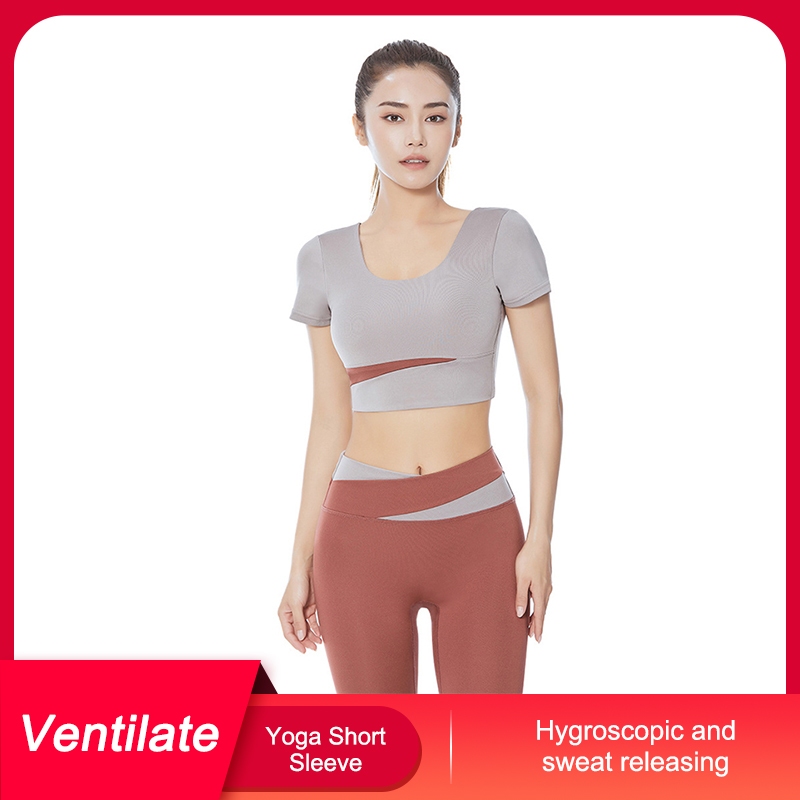 Colorblock Yoga Short Sleeve (ถ้วยแบบตายตัว + แผ่นรองหน้าอกในตัว) ผิว ...