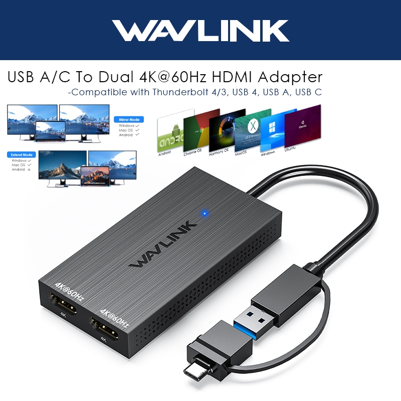 Wavlink USB A/USB C เป็นอะแดปเตอร์ HDMI คู่ DisplayLink Dual 4K @ 60Hz ...