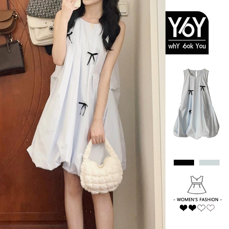 Y6y ชุดเดรสสุภาพสตรีแขนกุดอารมณ์ฝรั่งเศส C6L43835 (สีขาว/สีฟ้าอ่อน ...