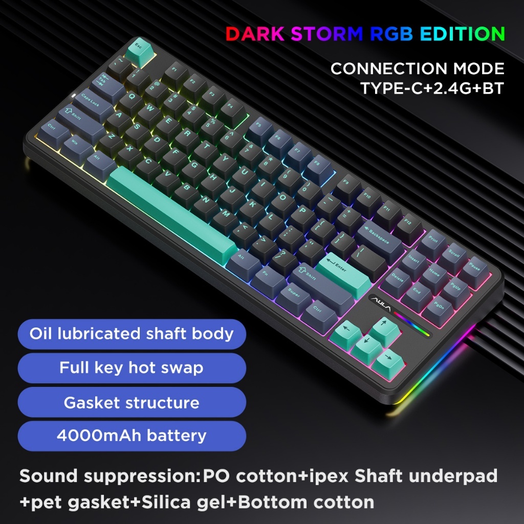 Aula F87 Pro Mechanical Keyboard คีย์บอร์ดเล่นเกมไร้สาย 3 โหมด 2.4G USB บลูทูธ 87 คีย์ RGB PBT ...
