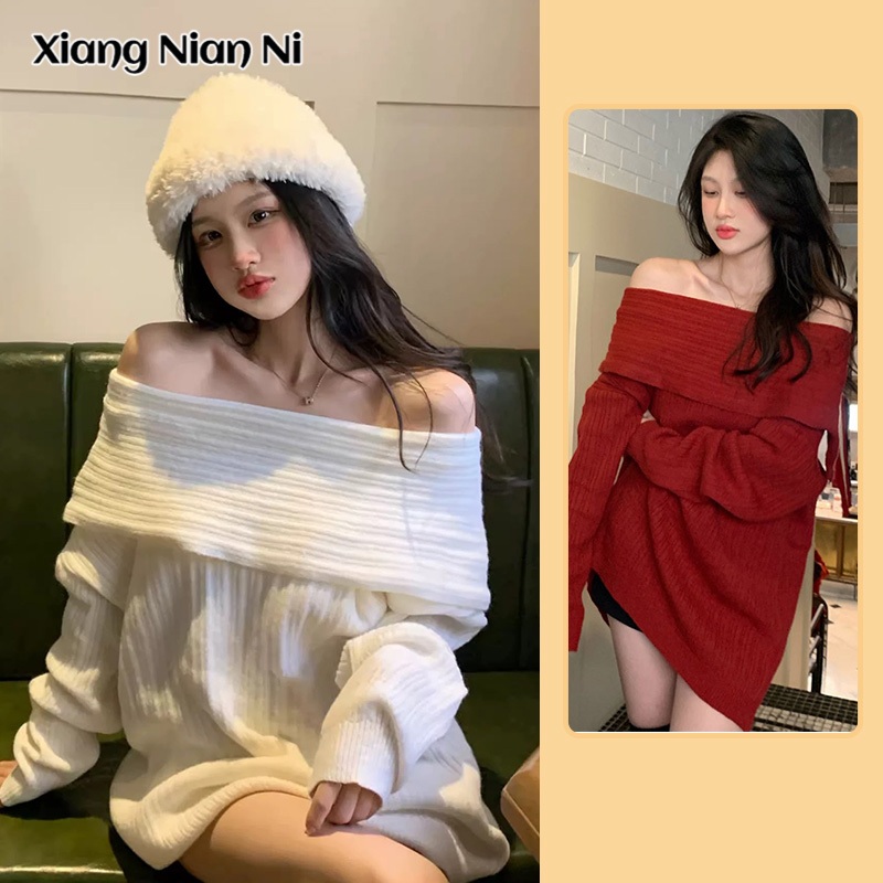 Xiang Nian Ni เสื้อกันหนาว เปิดไหล่ สีแดง สําหรับผู้หญิง | Shopee Thailand