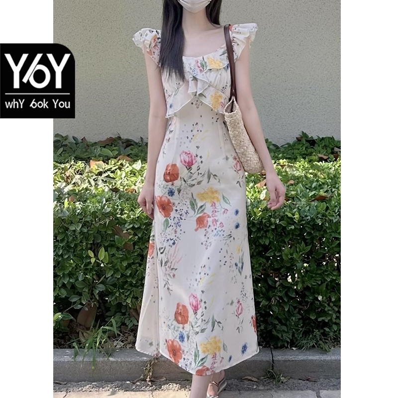 Y6y ชุดเดรสสุภาพสตรีแขนบินเล็กสไตล์ฝรั่งเศสอ่อนโยน C7L43920 (แอปริคอท ...