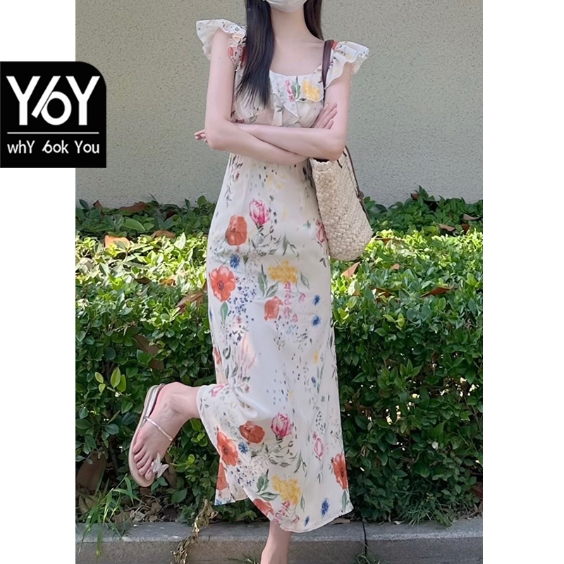Y6y ชุดเดรสสุภาพสตรีแขนบินเล็กสไตล์ฝรั่งเศสอ่อนโยน C7L43920 (แอปริคอท ...