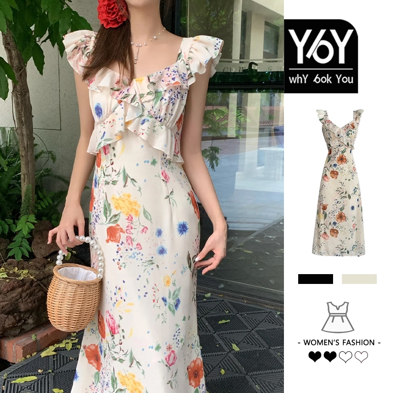 Y6y ชุดเดรสสุภาพสตรีแขนบินเล็กสไตล์ฝรั่งเศสอ่อนโยน C7L43920 (แอปริคอท ...