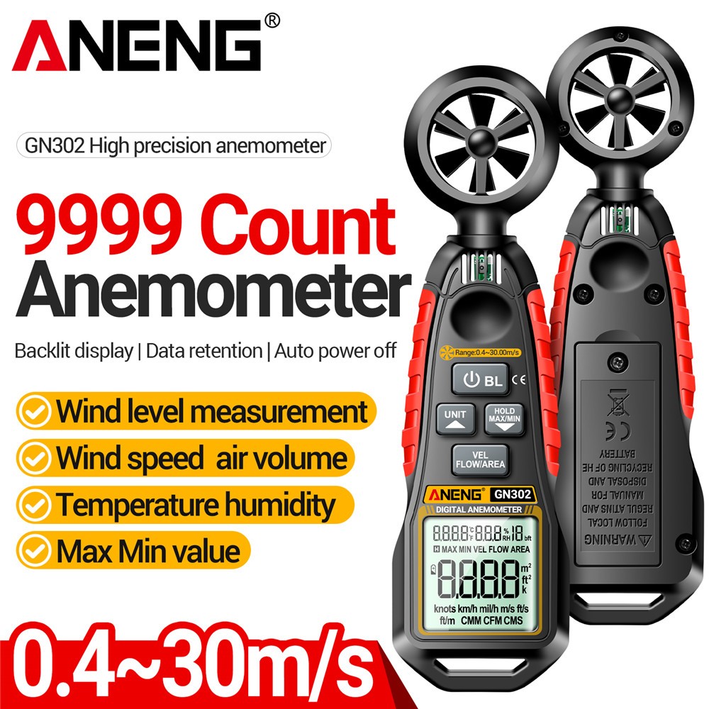 Aneng GN302 เครื่องวัดความเร็วลมแบบใช้มือถือ 9999 นับดิจิตอล 0.4~3.0.00m/s เครื่องวัดความเร็วลม ...
