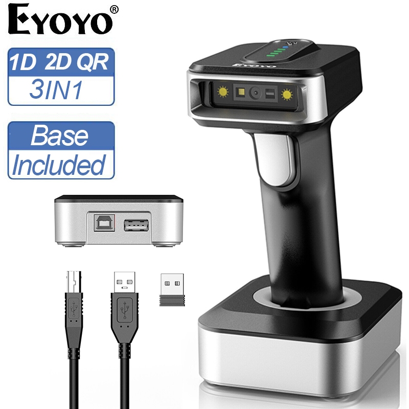 Eyoyo 1D 2D Barcode Scanner พร้อมฐานผ่านบลูทูธ 3in1 สาย USB 2.4G ไร้สาย QR Code Scanner พร้อมตัว ...