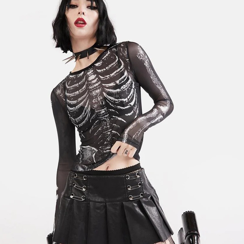 Retro Gothic Punk ผู้หญิงแขนยาว Crop Top Skeleton รูปแบบรอบคอ Y2K 90s ...