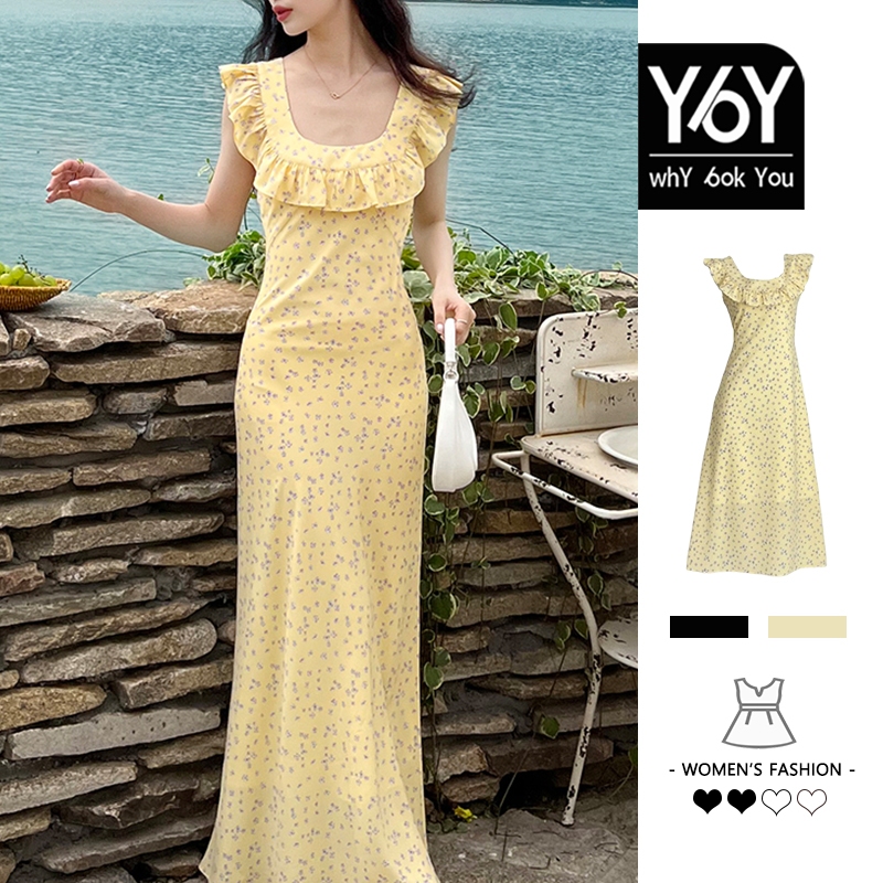Y6y ดอกไม้ฝรั่งเศส Ruffled แขนบินขนาดเล็กสแควร์คอเอวแคบ Slimmer ดู ...