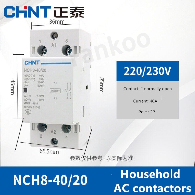 Chint Mini Single-phase AC Contactor NCH8-40/20 2P 220/230V Din Rail ...