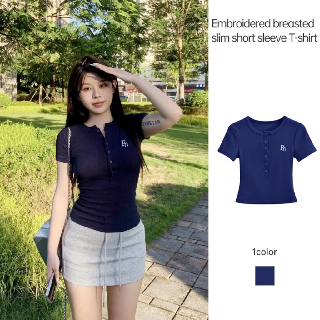 Yimii.th 】🌊พร้อมส่ง🌊สไตล์เกาหลีฤดูร้อนย้อนยุคสุภาพสตรีปุ่ม เสื้อยืดแขน ...