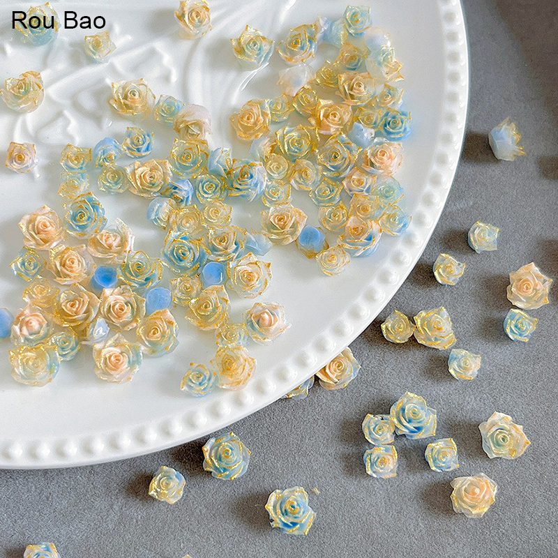 Rou Bao 50 ชิ้นเล็บ Dunhuang คู่สี Camellia Glitter Rose ดอกไม้ Girly ...