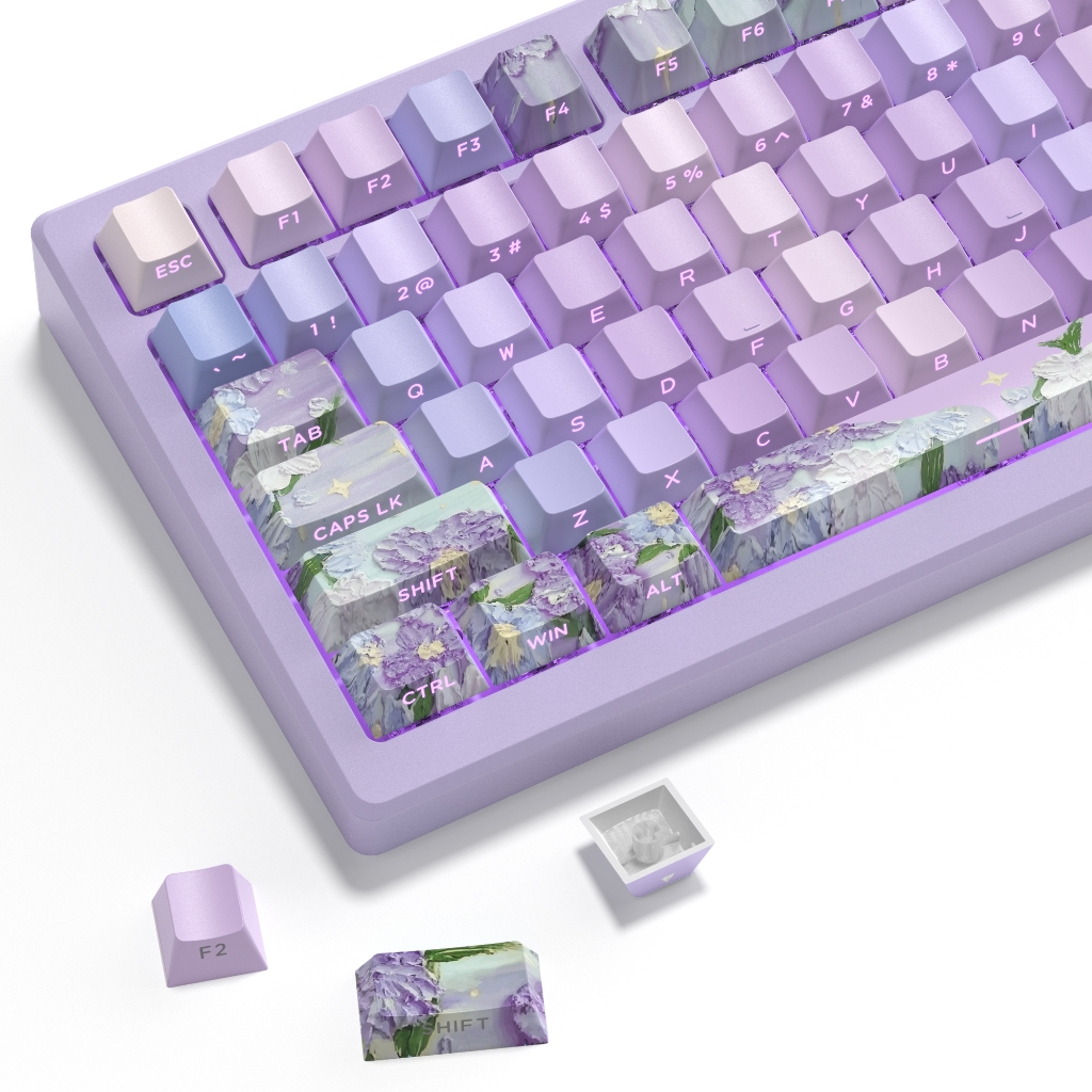 130 คีย์ด้านข้างพิมพ์ Keycaps ดอกไม้สีม่วง Custom Dye-sub Key หมวก PBT Backlit Keycap สําหรับ ...