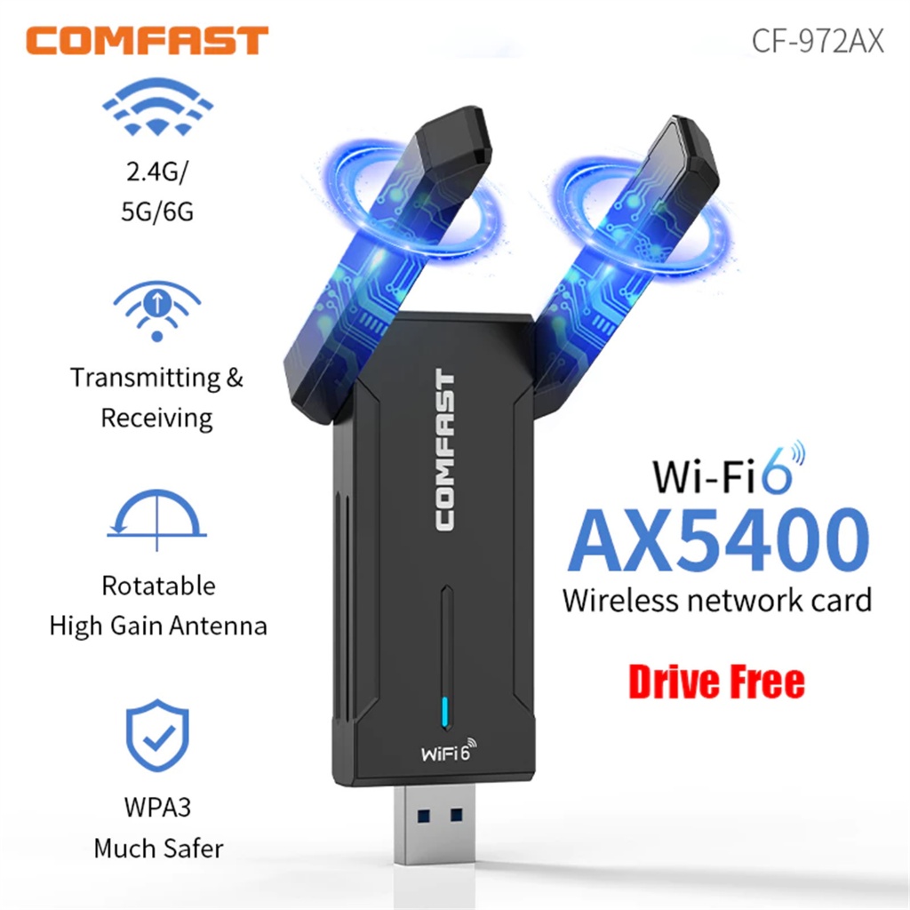 Comfast CF-972AX USB WiFi7 อะแดปเตอร์ 6500M 6G & 5G และ 2.4G การเข้ารหัส WiFi สุนัข RTL8912AU 2 ...
