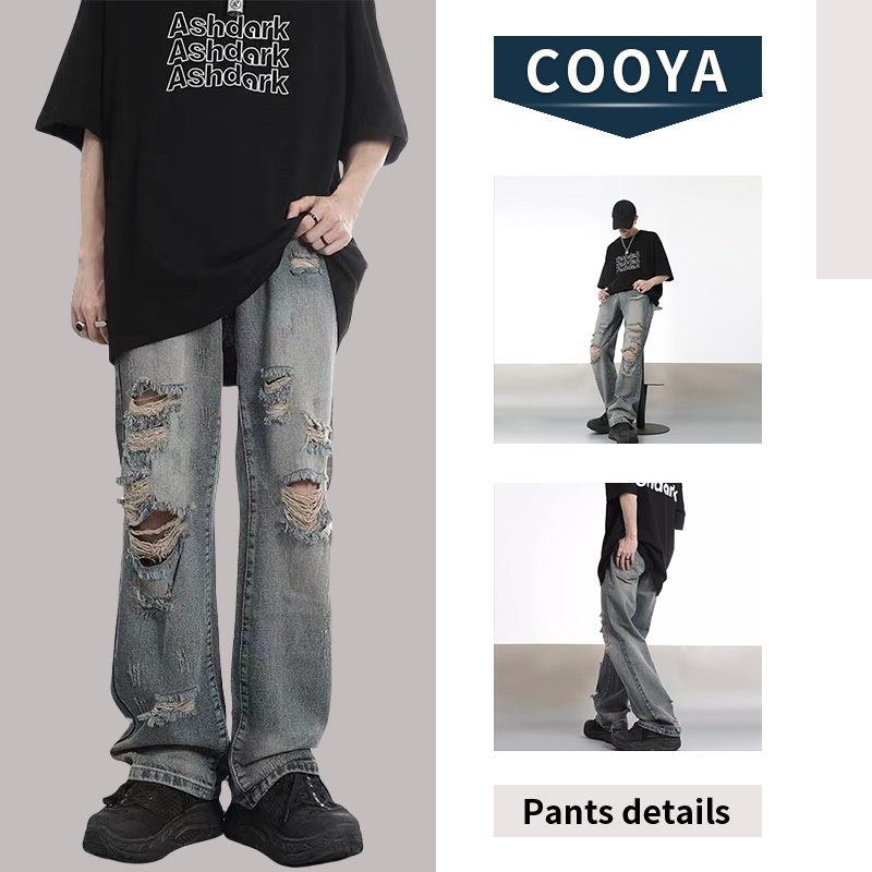 COOYA กางเกงยีนส์ผู้ชาย กางเกงขากระบอก วินเทจ แต่งขาด สไตล์เมกา ไฮสตรีท ...