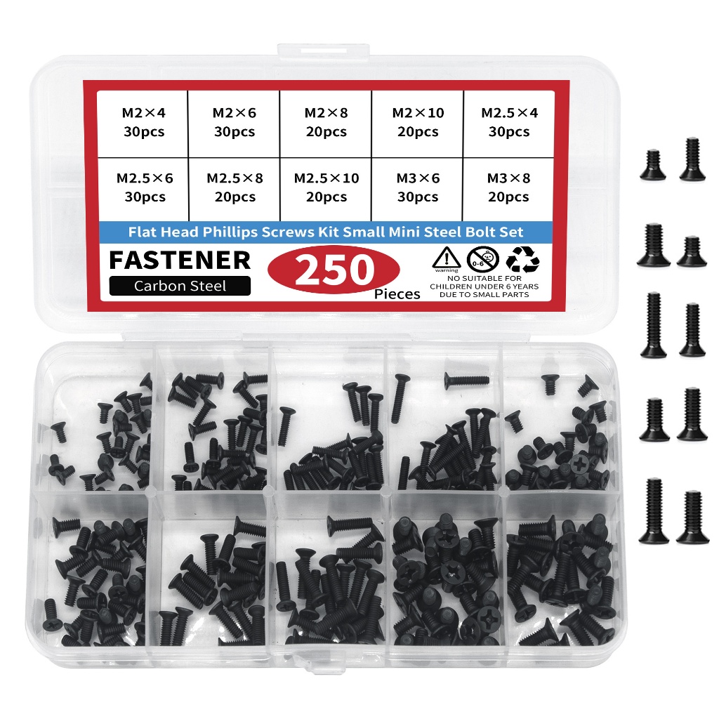 พรีเมี่ยม 250 ชิ้น Countersunk Flat Head Phillips Screws Kit - M2/2.5/3 ...