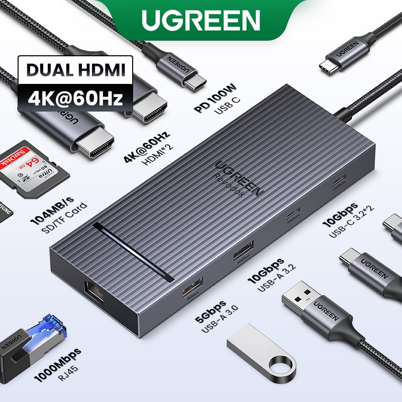 Ugreen 10Gbps Dual HDMI 7-in-1 HUB 4K @ 60hz ประเภท C ถึง HDMI USB3.2 Gen2 10Gbps 2xUSB-C 3 ...