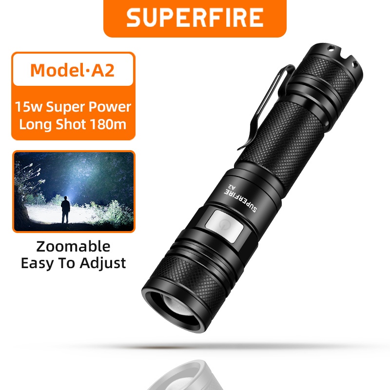 SUPERFIRE A2 15W ขนาดเล็กพกพาแบบพกพาแบบชาร์จไฟฉายกันน้ำได้ ไฟแฟลช LED ระยะยาวกลางแจ้ง | Shopee ...