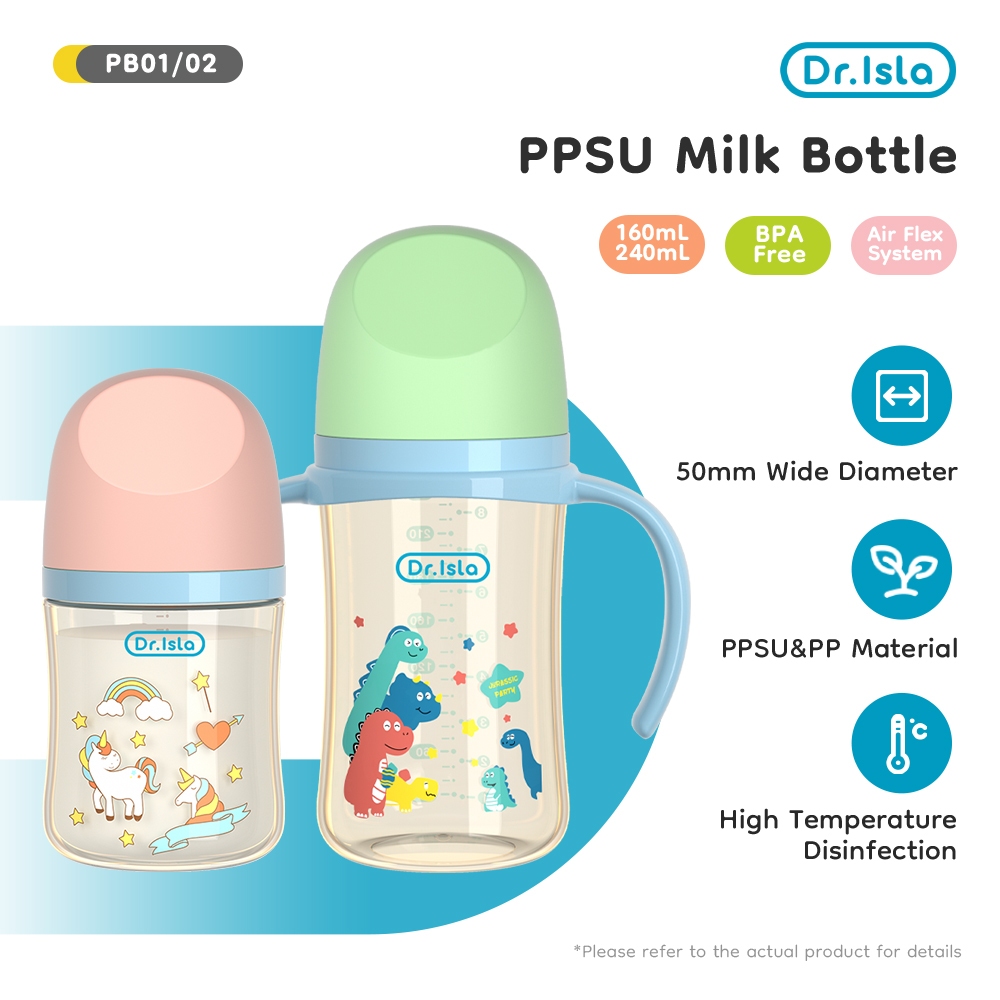 Drisla ขวดนมเด็ก PPSU 5oz/8oz ขวดนมคอกว้างสีชา ป้องกันอากาศเข้า กันสำลัก foodgrade（8oz+ที่จับ ...