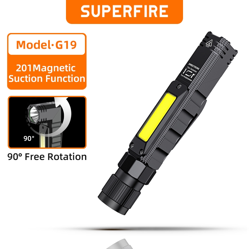 SUPERFIRE G19 5W ไฟฉาย LED + COB แบบพกพา ชาร์จ USB ด้วยแม่เหล็ก มัลติฟั ...