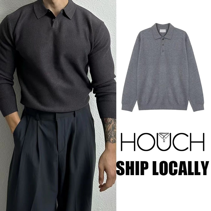 Houch พร้อมส่ง COD โปโลผู้ชาย โปโลปุ่มถักทรงหลวมเกาหลี | Shopee Thailand
