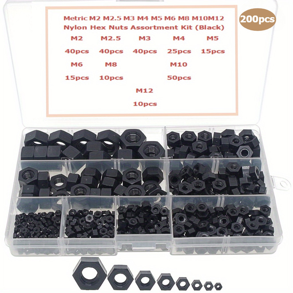 M2-m12 ชุดรวมน็อตหกเหลี่ยมไนลอนสีดําเมตริก 200 ชิ้น | Shopee Thailand