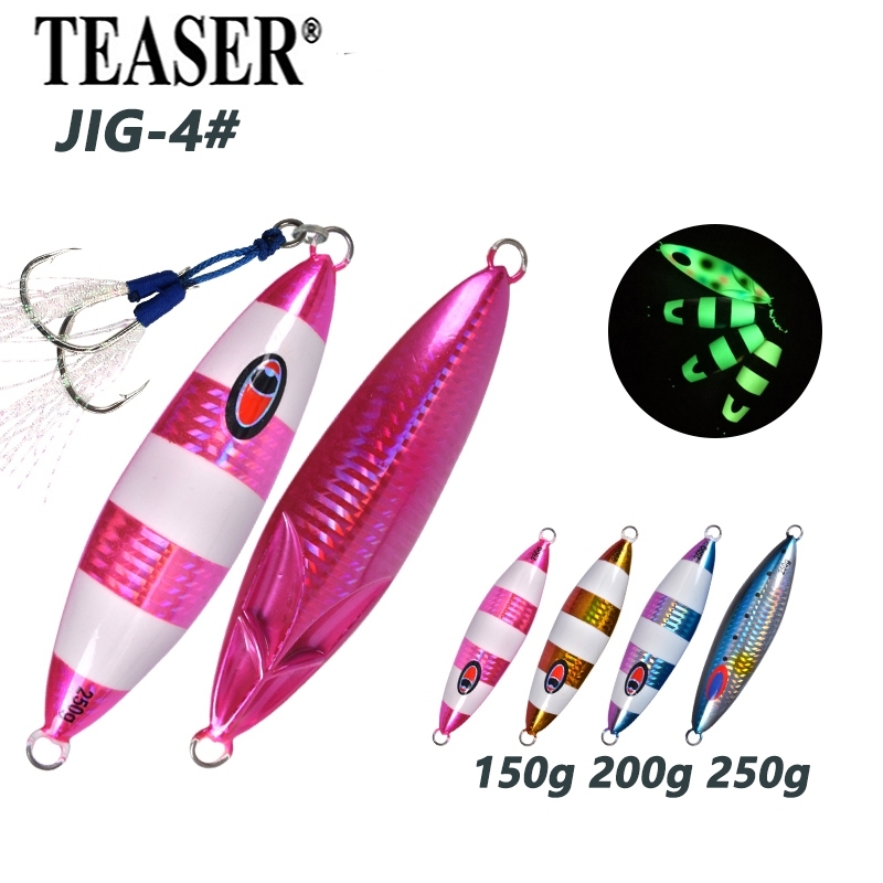 TEASER【J4】150g 200g 250g ช้า Jigging Lure Luminous Fishing Lure น้ําเค็ม Sinking โลหะ Jig ...