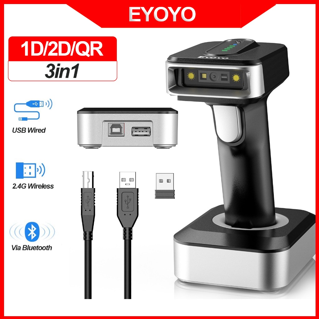 Eyoyo 1D 2D Barcode Scanner 3IN1 ผ่านบลูทูธ 2.4G ไร้สาย USB แบบมีสาย QR ...