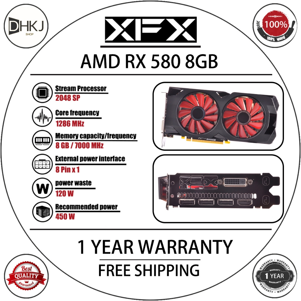 X XFX RX 580 8GB GDDR5 256bit เกม DirectX 12 คอมพิวเตอร์เดสก์ท็อป GPU DVI-D/HDMI/DP | Shopee ...