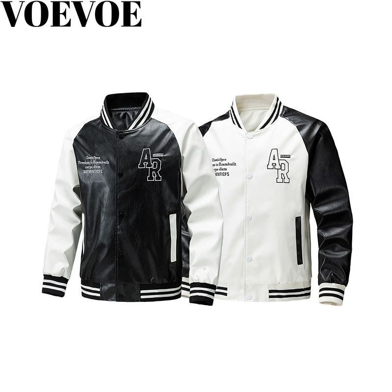 Voevoe เสื้อแจ็คเก็ตหนัง PU สําหรับผู้ชายเบสบอลเสื้อแจ็คเก็ตปักลายตัวอักษร | Shopee Thailand