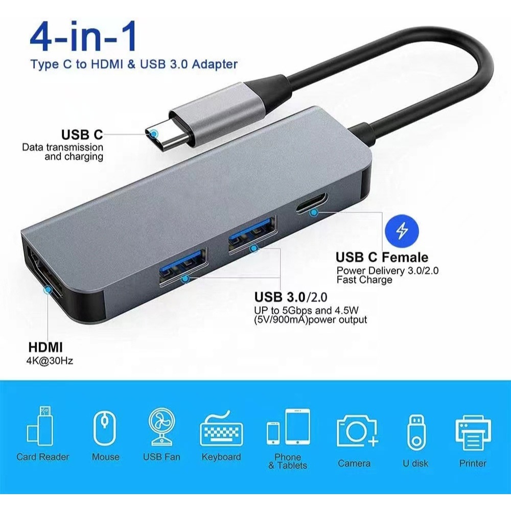 4 in 1 Type C Dock Station USB C ถึง HDMI 4K USB3.0 2.0 PD 100w Charge 5Gbps Data Transfer USB ...