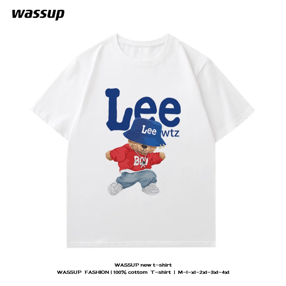 Wassup Co-Branded LEE Bear พิมพ์แขนสั้นผ้าฝ้ายแท้รอบคอเสื้อยืดด้านใน ...