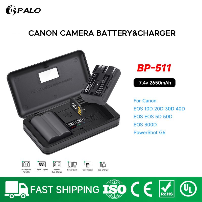 Palo BP-511 แบตเตอรี่กล้อง 2650mAh พร้อมเครื่องชาร์จ LCD สําหรับ Canon EOS 10D 20D 30D 40D 50D ...