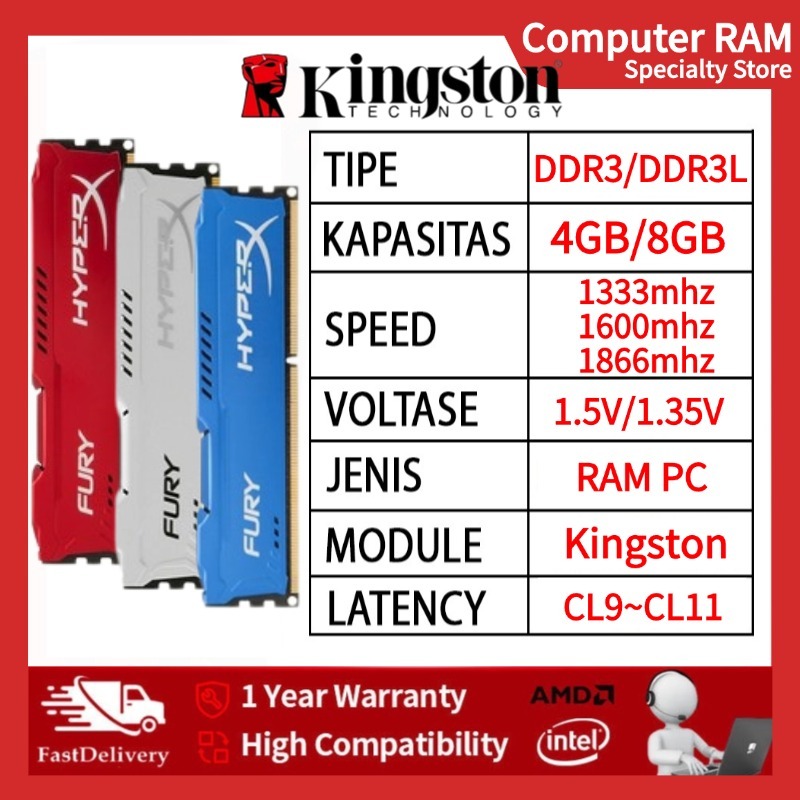 Kingston Hyperx Fury 4GB 8GB Ddr3 1333MHz 1600MHz 1866MHz 1.35V / 1.5V 240 Pin DIMM RAM หน่วย ...