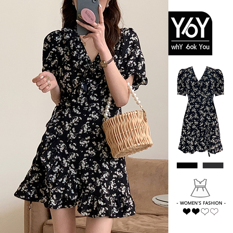 Y6y ชุดเดรสคอวีแขนสั้นลายดอกไม้สีดําฝรั่งเศส C22L3805 (สีดํา) | Shopee ...
