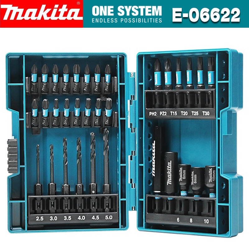MAKITA E-06622 33ชิ้นผลกระทบสกรูบิตชุดโลหะสีดําเจาะครัวเรือนมัลติฟังก ...